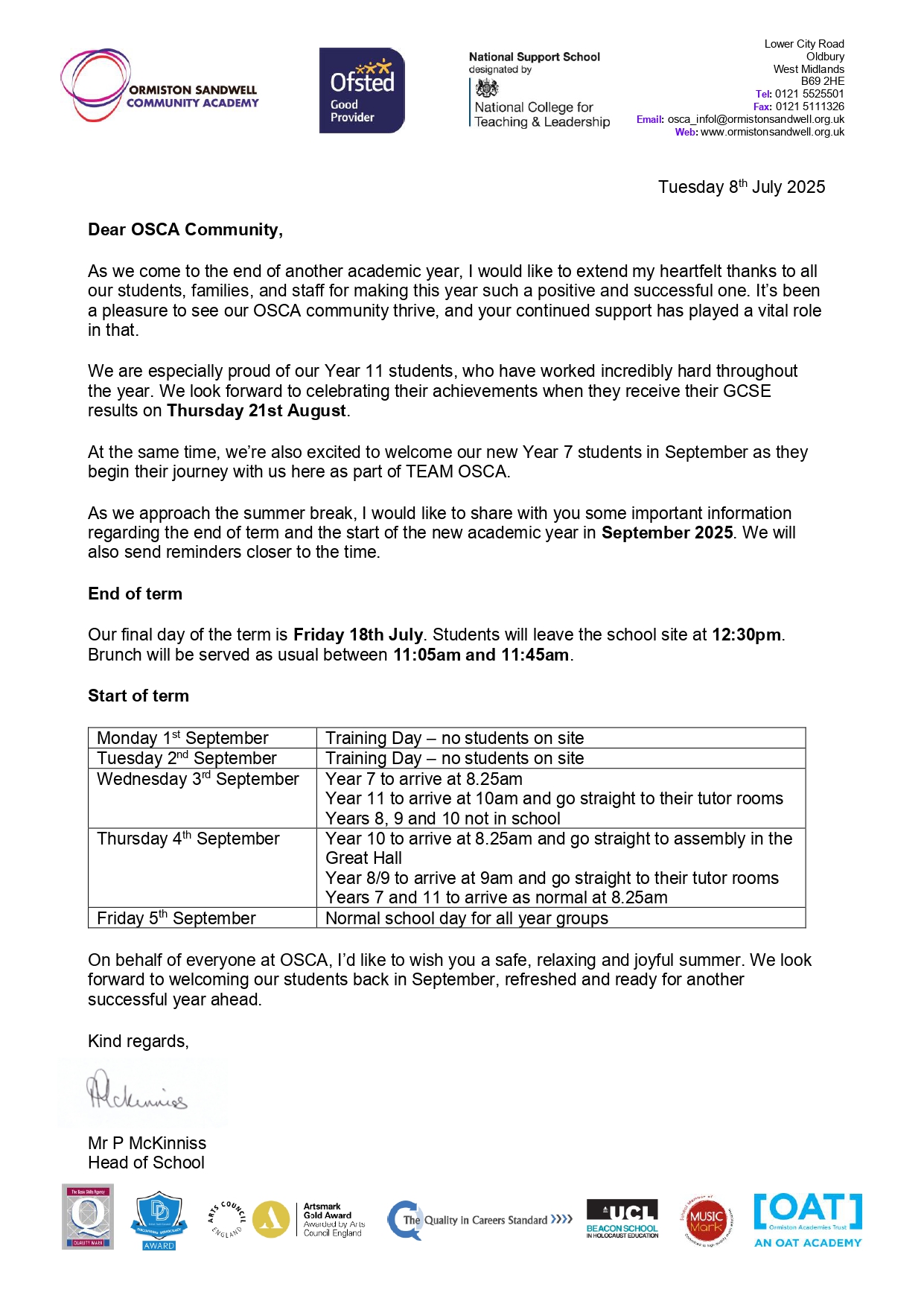 Ormiston Sandwell Community Academy - End of Term Letter